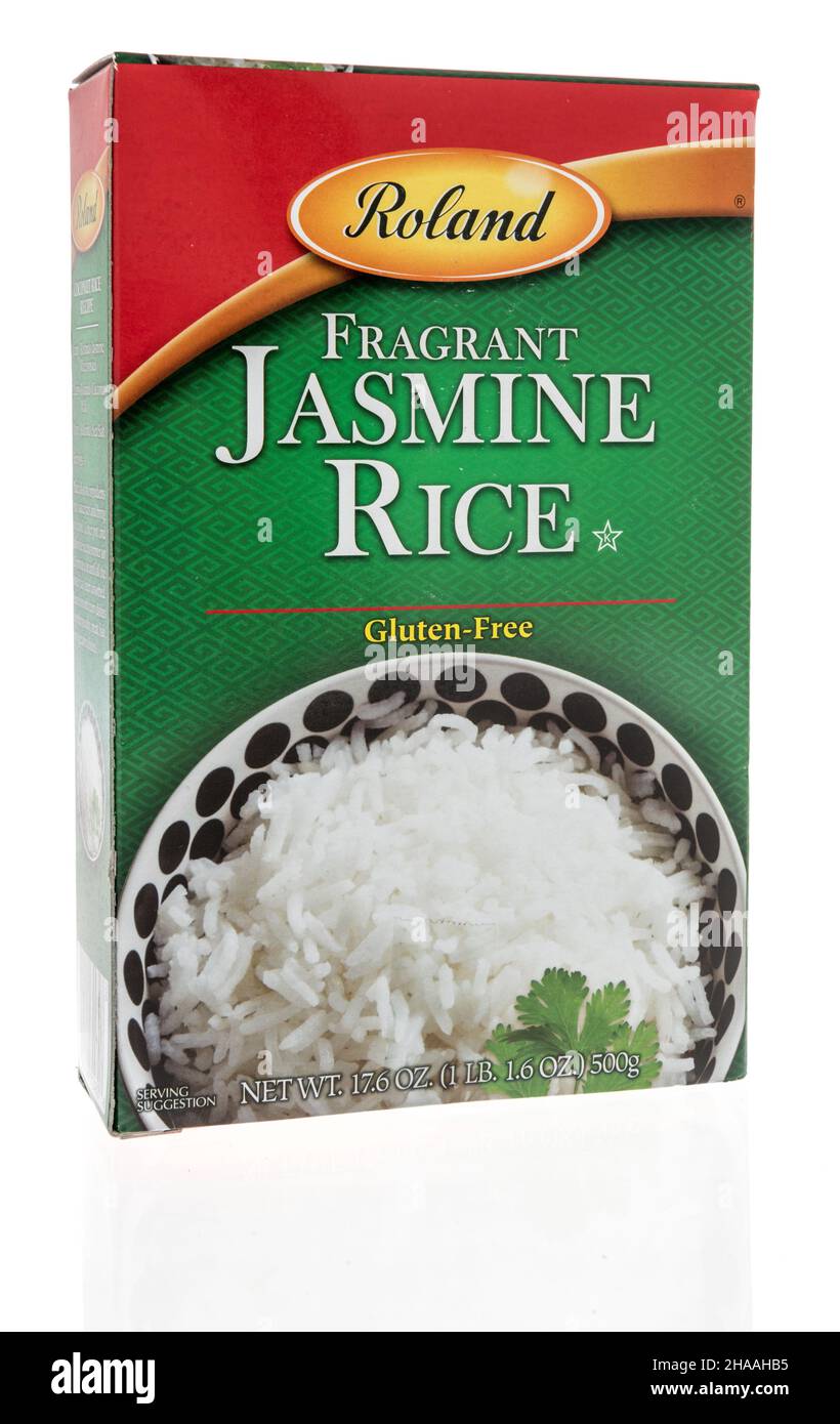 Winneconne, WI -7 December 2021: A package of Roland white Jasmine rice ...