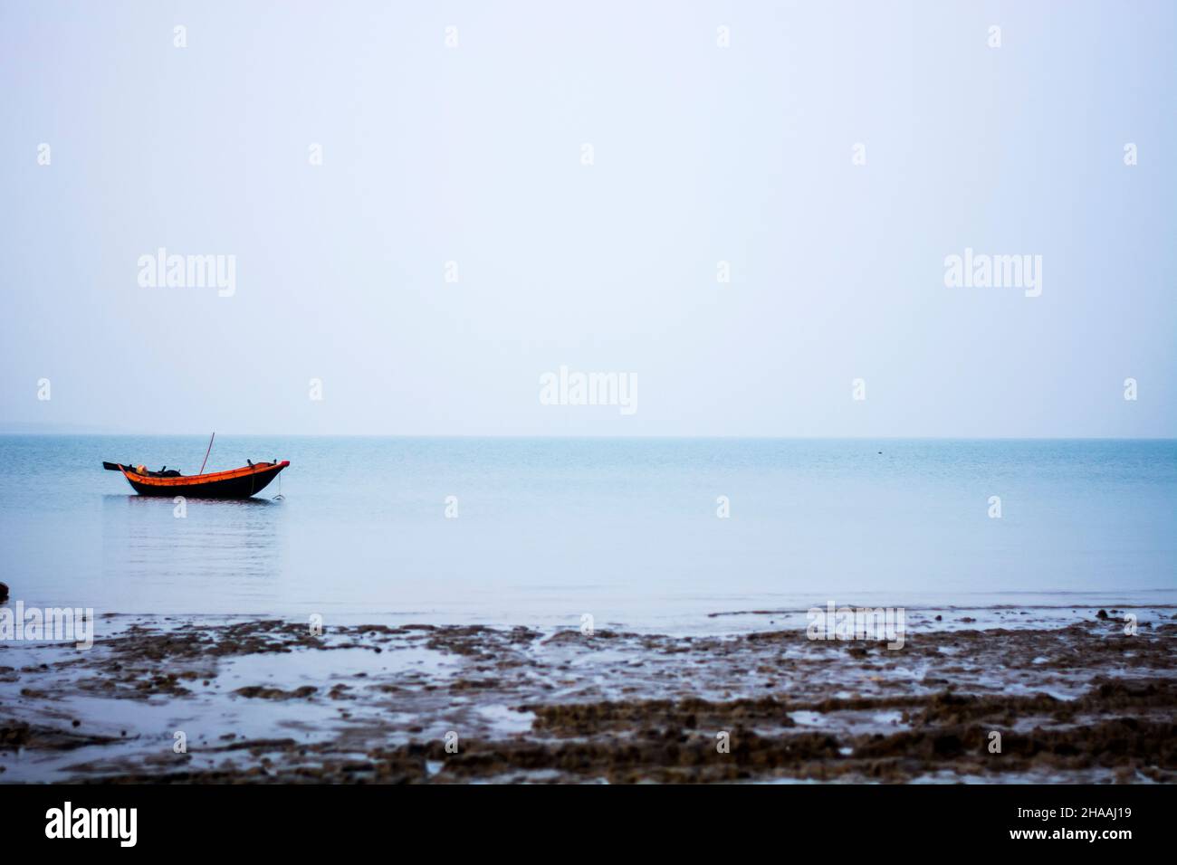Indian native rustic wooden fishing boats in bay of Bengal to capture ...