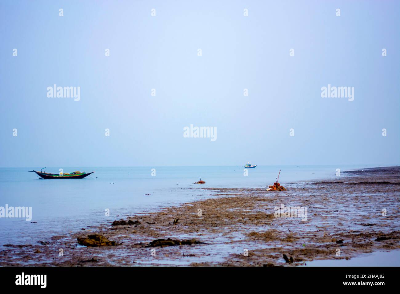 Indian native rustic wooden fishing boats in bay of Bengal to capture ...