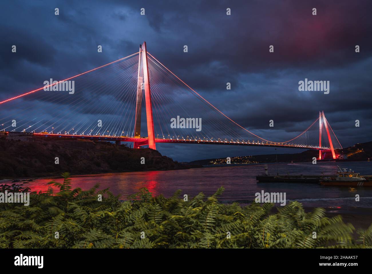 Yavuz Sultan Selim Bridge in evening illumination. Suspension bridges ...