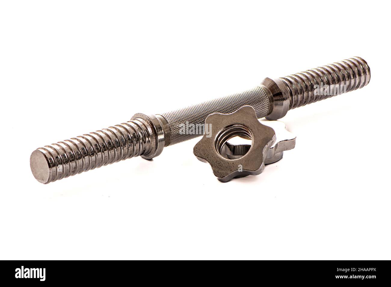 metal neck for dumbbells in disassembled form on a white isolated ...