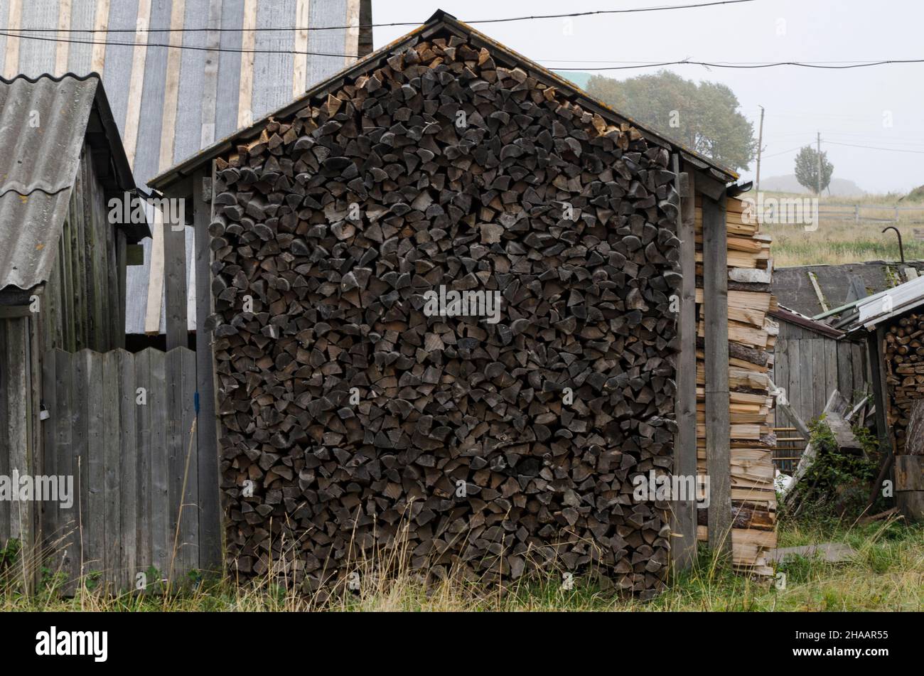 Firewood storage in the form of a house. Lots of firewood Stock Photo ...