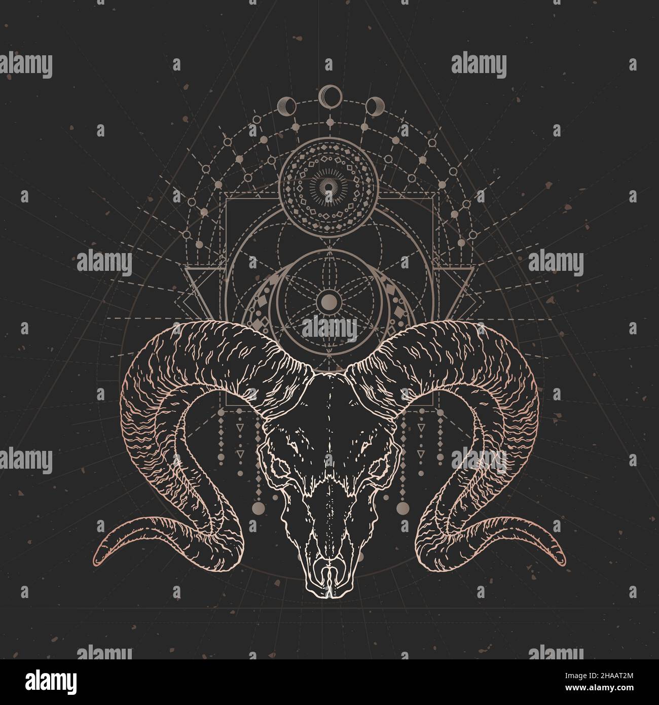 Vector illustration with hand drawn Wild ram skull and Sacred geometric ...