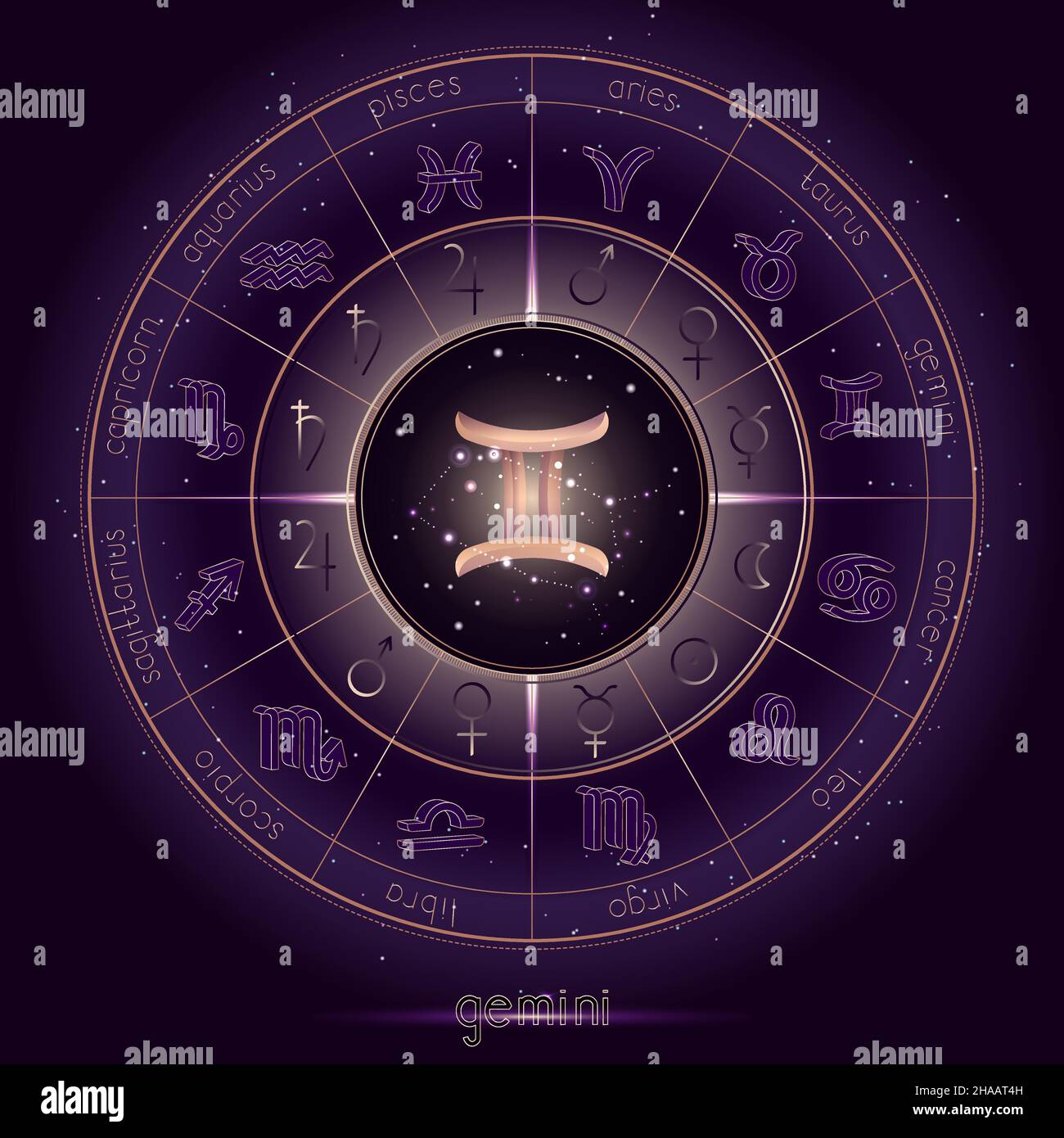 Zodiac sign and constellation GEMINI with Horoscope circle on the ...