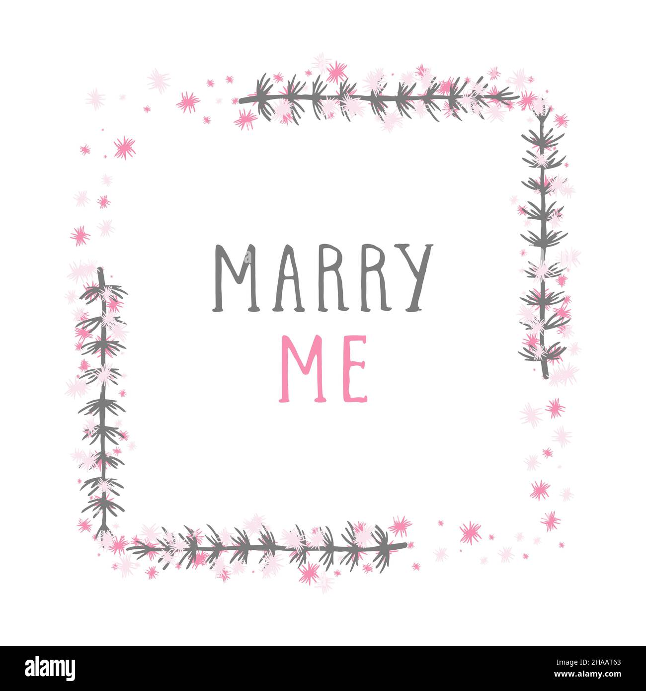 Vector hand drawn illustration of text MARRY ME and floral rectangle ...