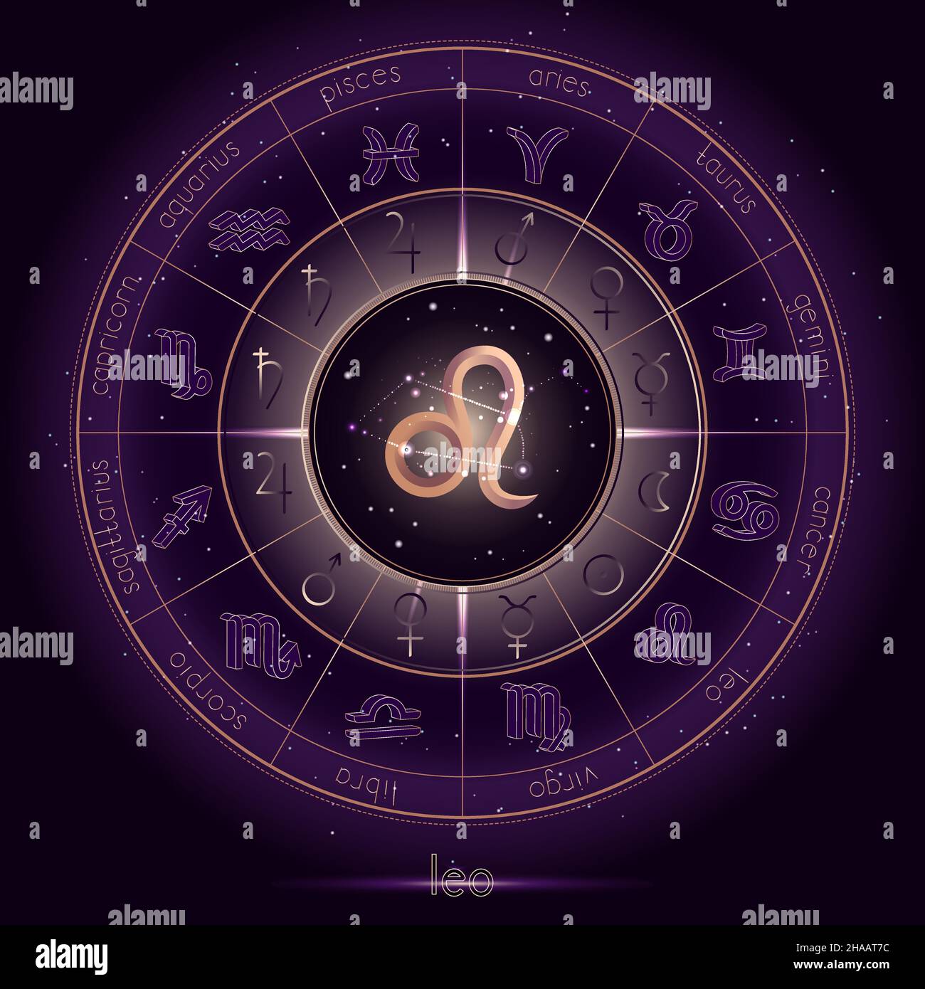 Zodiac sign and constellation LEO with Horoscope circle on the starry ...