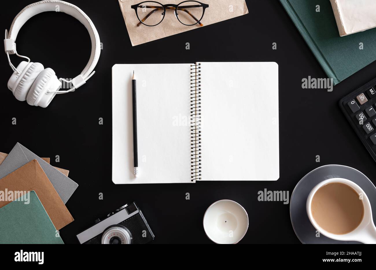 Open blank notebook on black background, flat lay Stock Photo - Alamy