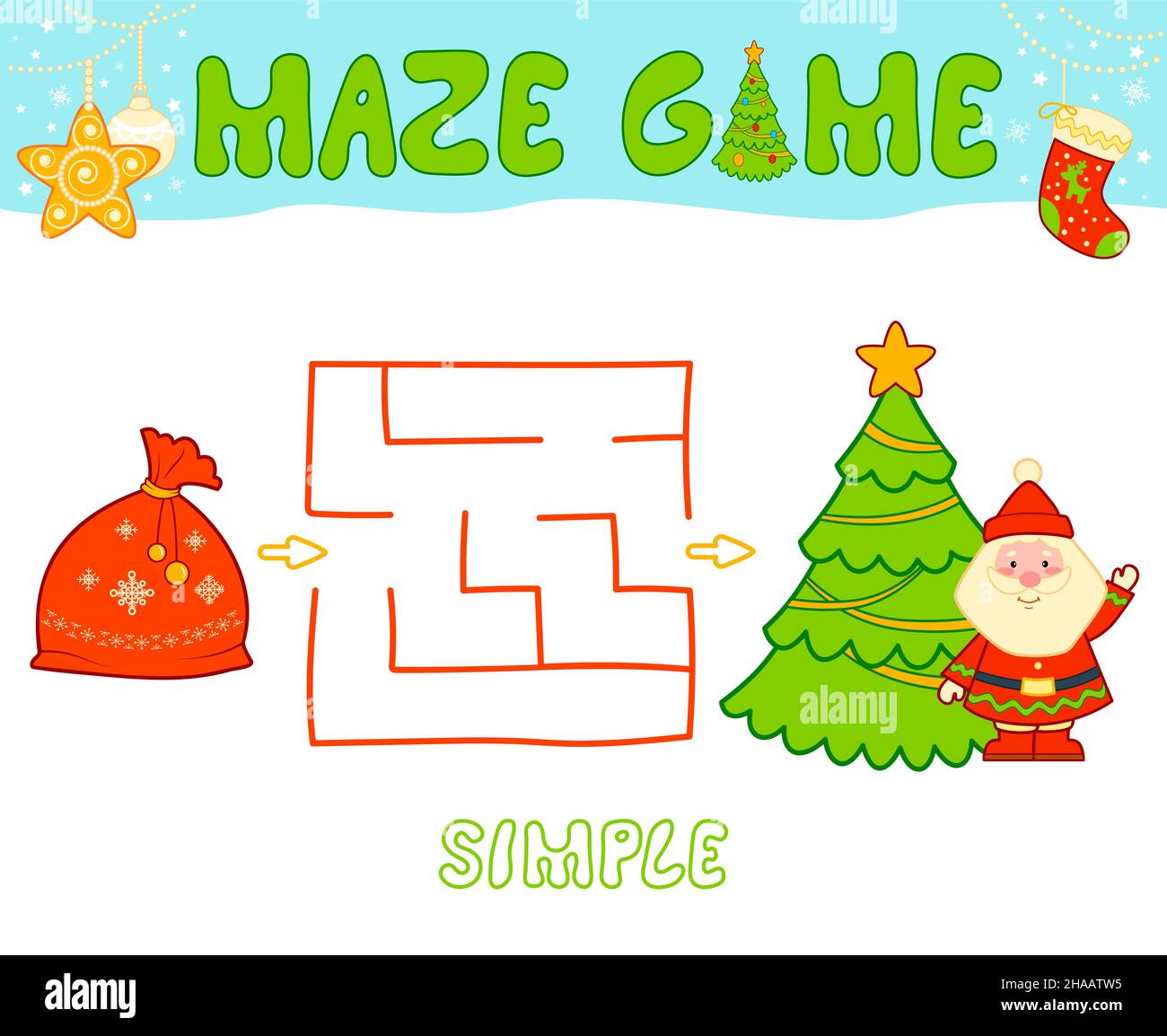 Christmas Maze puzzle game for children. Simple Maze or labyrinth game ...