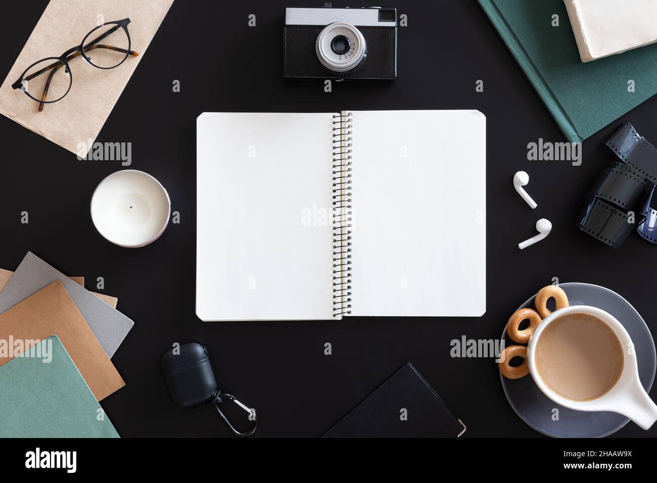 Open blank notebook on black background, flat lay Stock Photo - Alamy