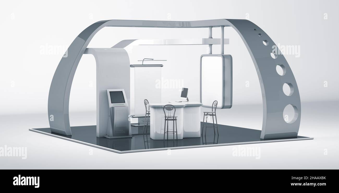 3d Rendering of stand, design with table and chair, info board, roll up ...