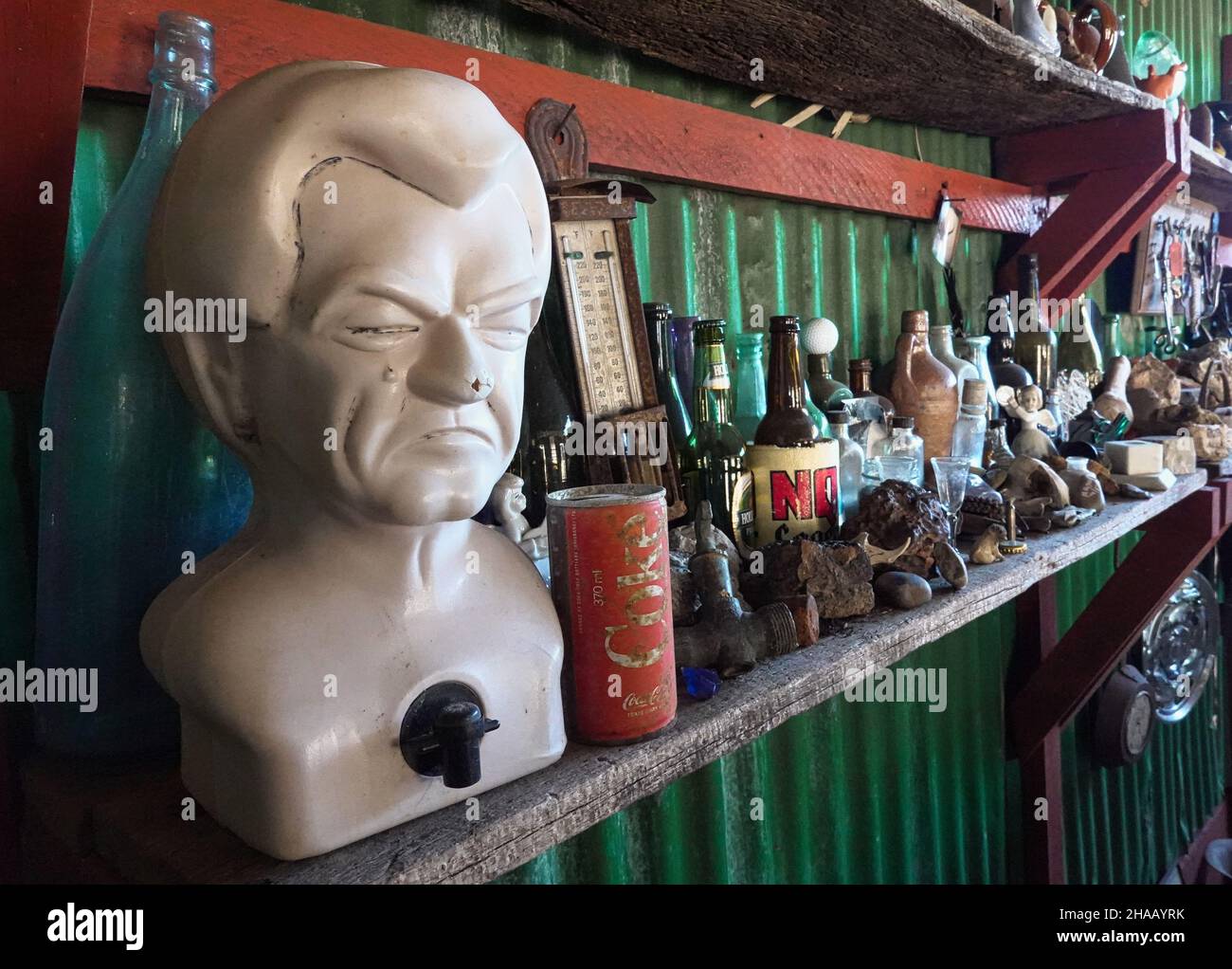 Shelf of pub or bar artifacts with a large head at the front Stock ...