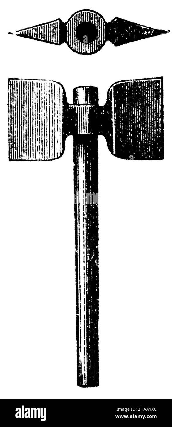 Stone axe, stonemasonry tool. Surface for sandstone (left). Surface for ...