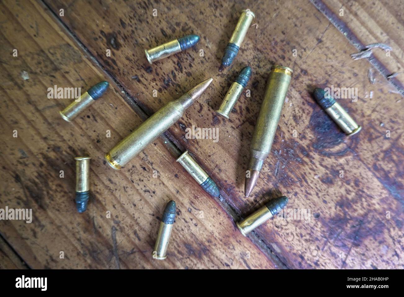 Small selection of bullets and empty shells on a wooden table Stock ...