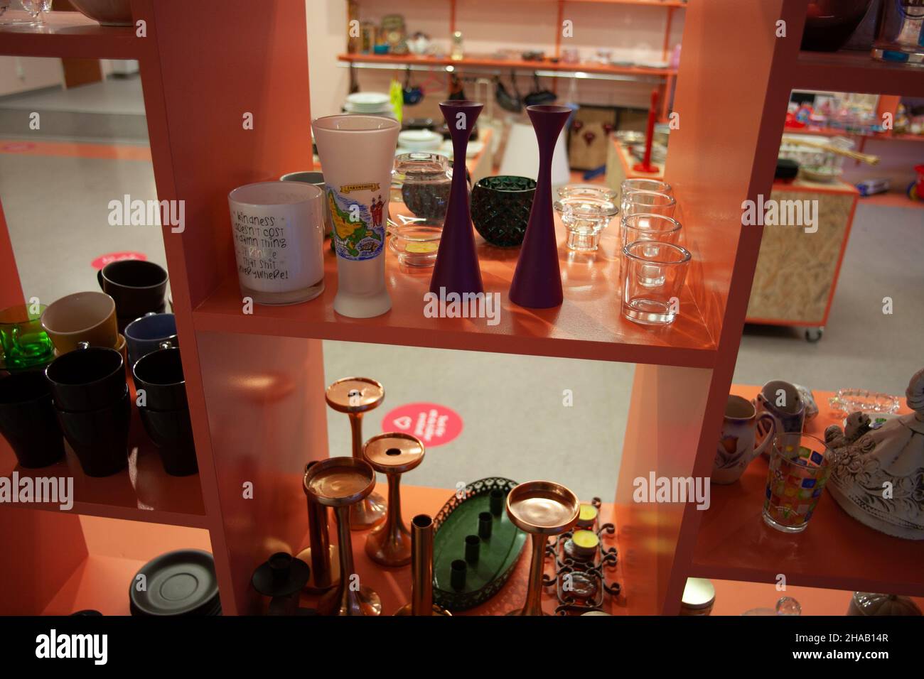 Stockholm, Sweden - February 5, 2021: Second hand items on the shelf of ...