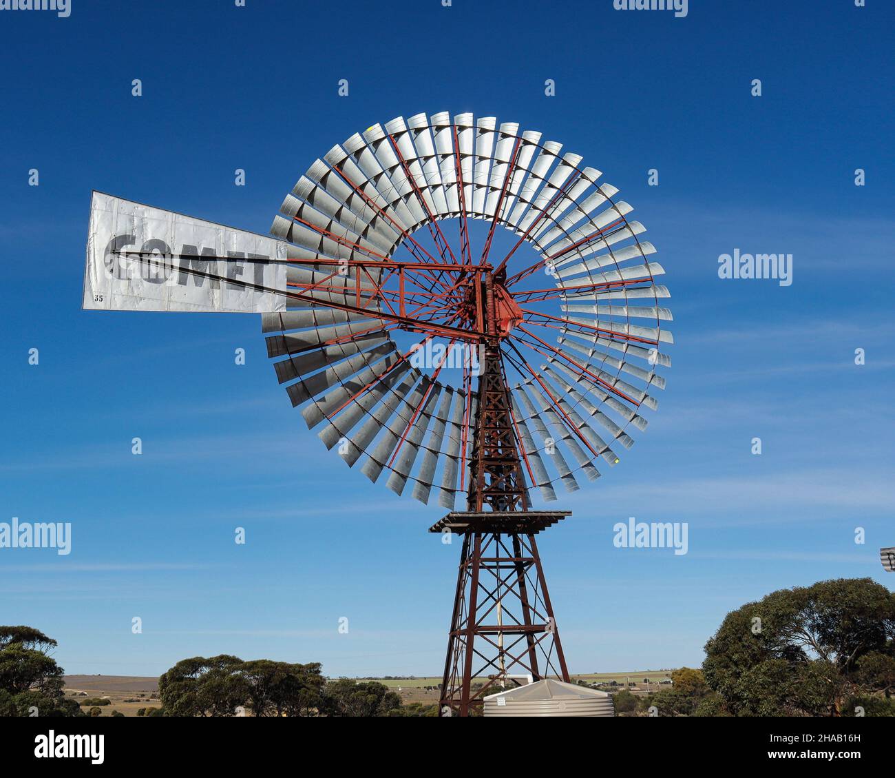 a large windmill with "Comet" written on the fin at Penong windmill ...