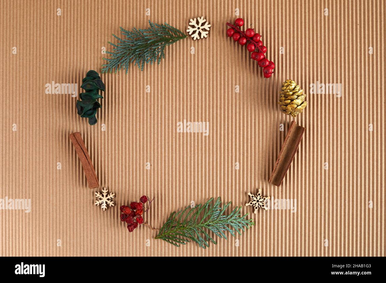 Christmas round frame made of natural nature things. Flat lay. Top view ...