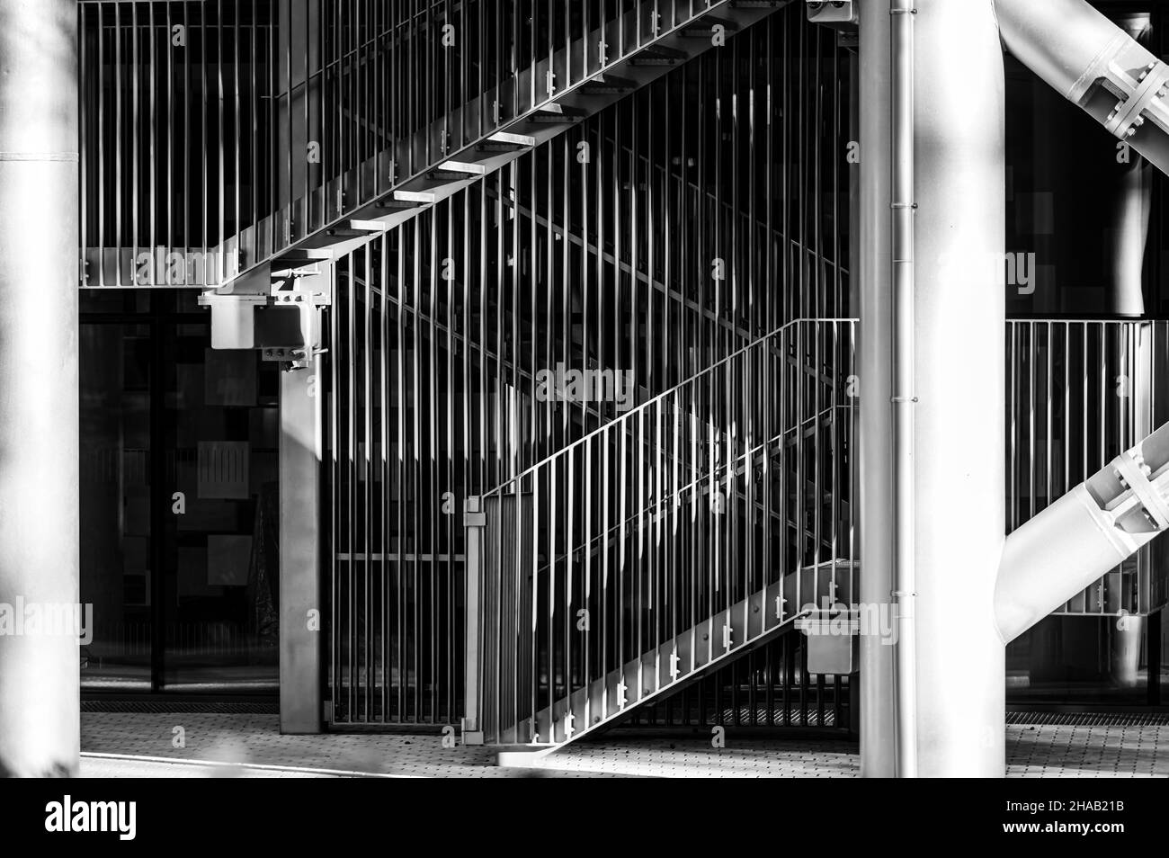 stairs with metal steps and railings leading upwards, an element of ...