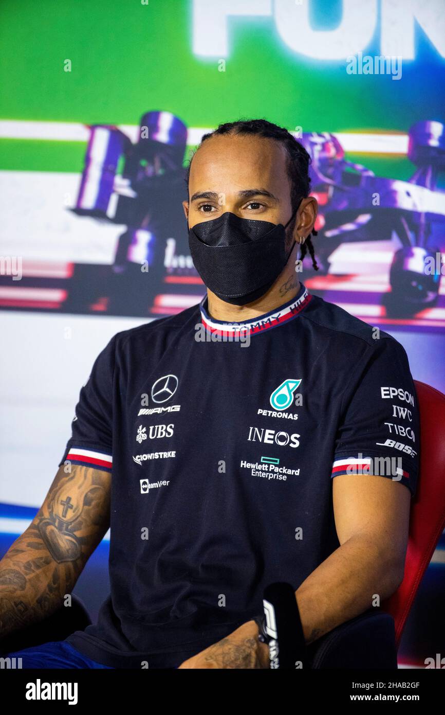 Lewis Hamilton (GBR) Mercedes AMG F1 in the post qualifying FIA Press ...