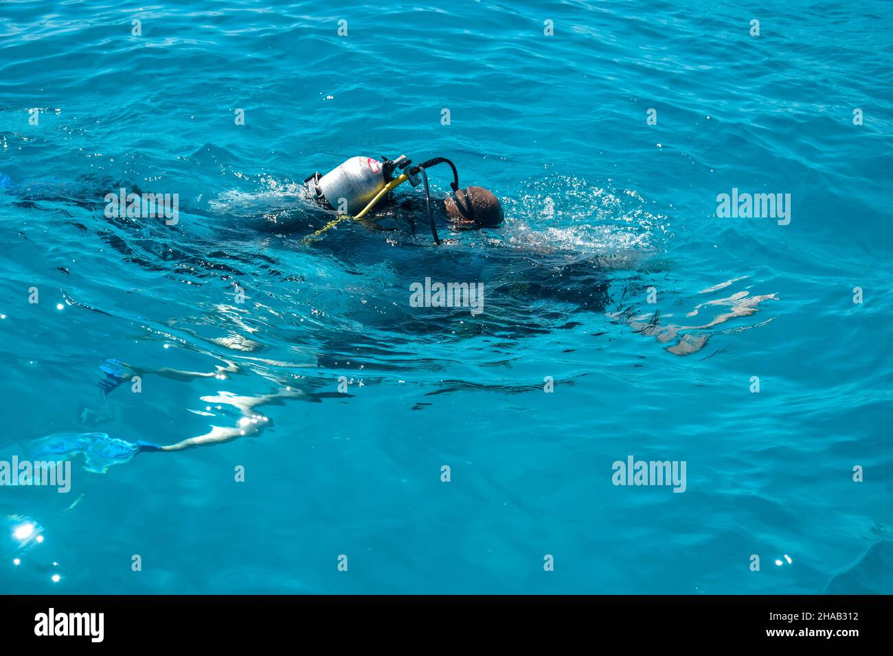 Learning process of scuba diving. Experienced instructor teaches ...
