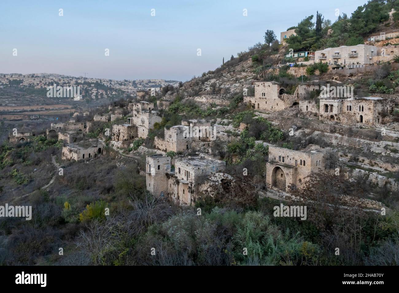 View of abandoned houses in the depopulated Palestinian village of ...