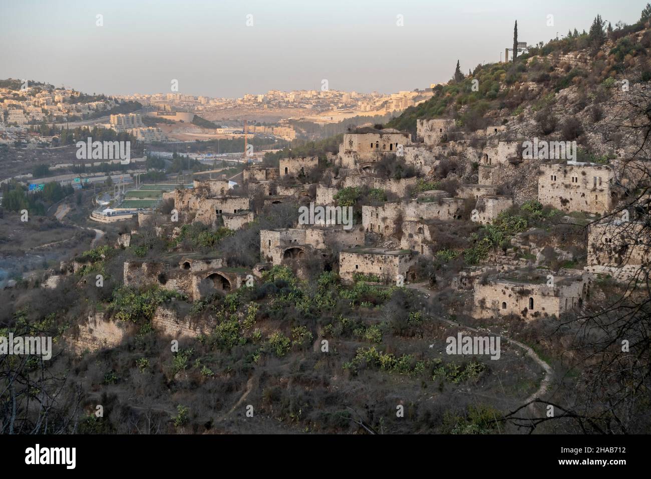 View of abandoned houses in the depopulated Palestinian village of ...