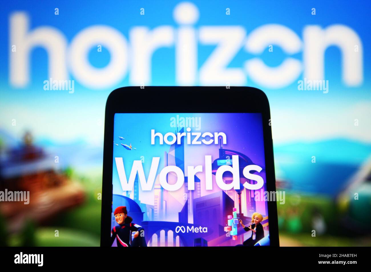 In this photo illustration, Horizon Worlds logo of a free virtual ...