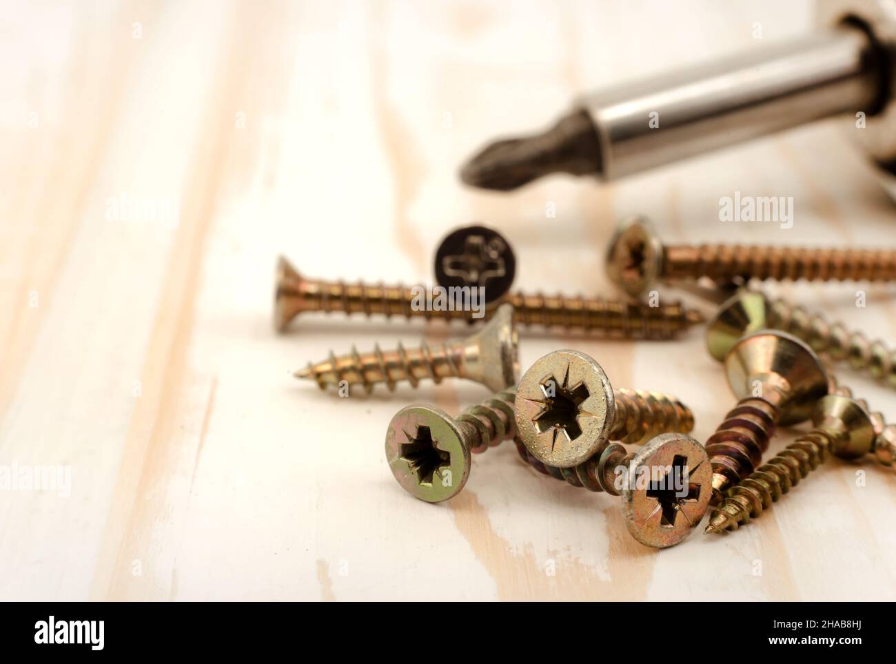 Screws. A screwdriver drives a screw into a board, furniture close-up ...