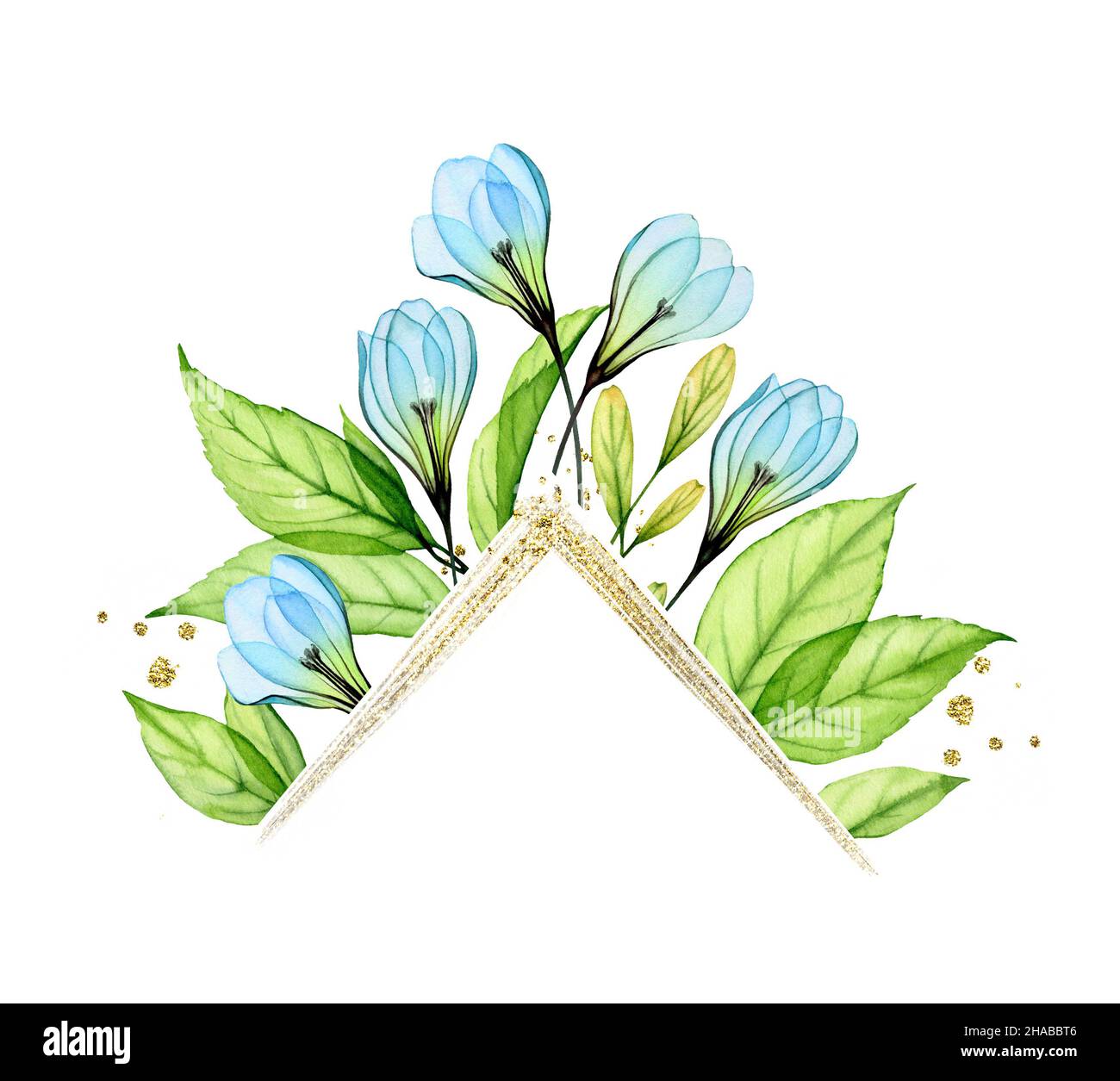 Watercolor floral banner with golden glitter frame. Realistic poster ...