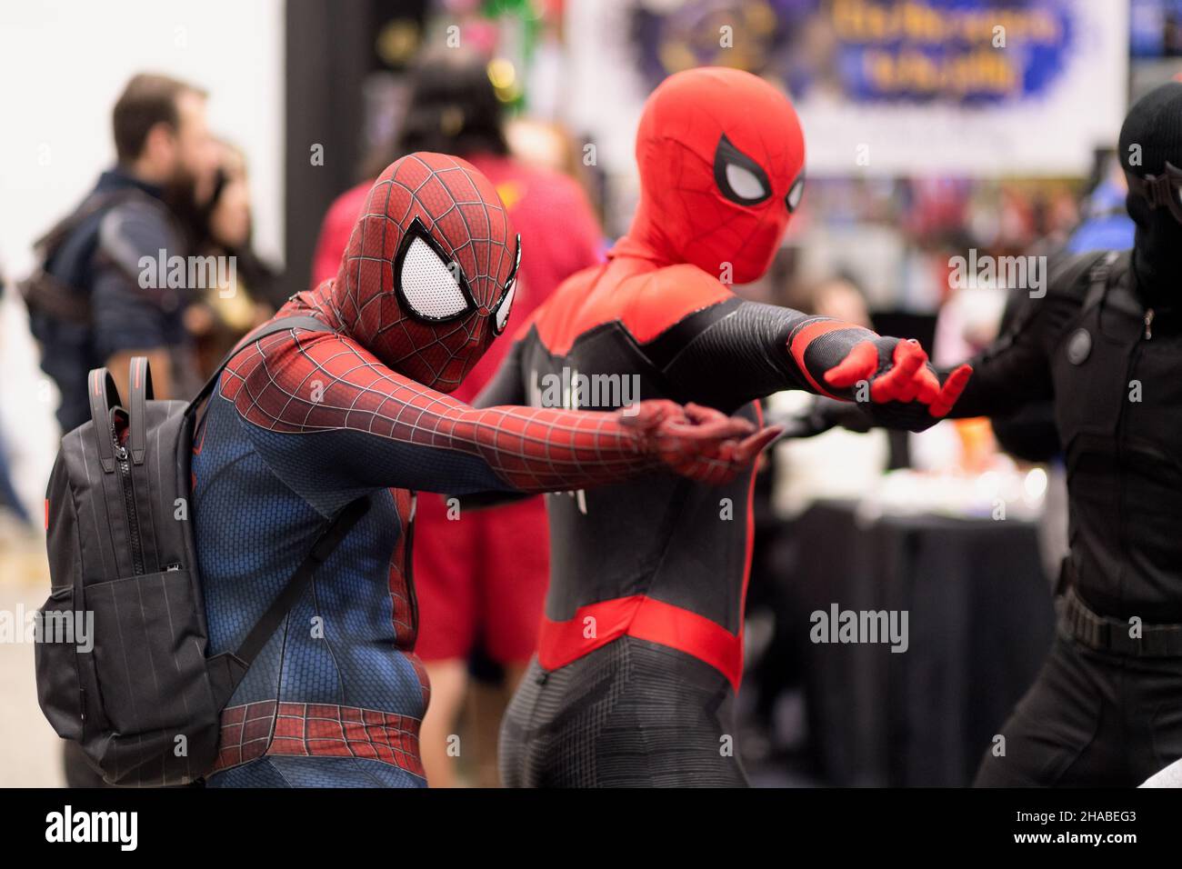 Melbourne, Australia, 12 December, 2021. Spidermen pose across the the ...