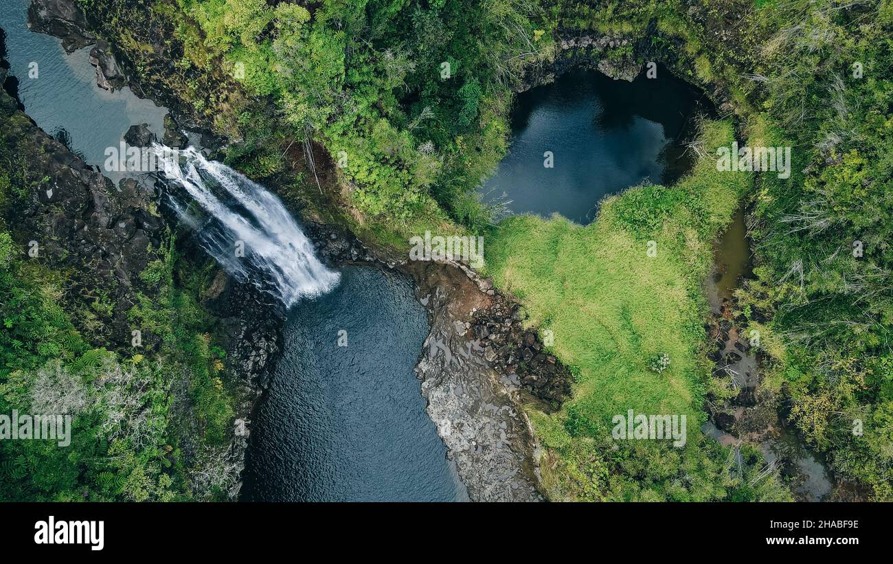 aerial view of Narnia Wailuku River Falls, big island. High quality ...
