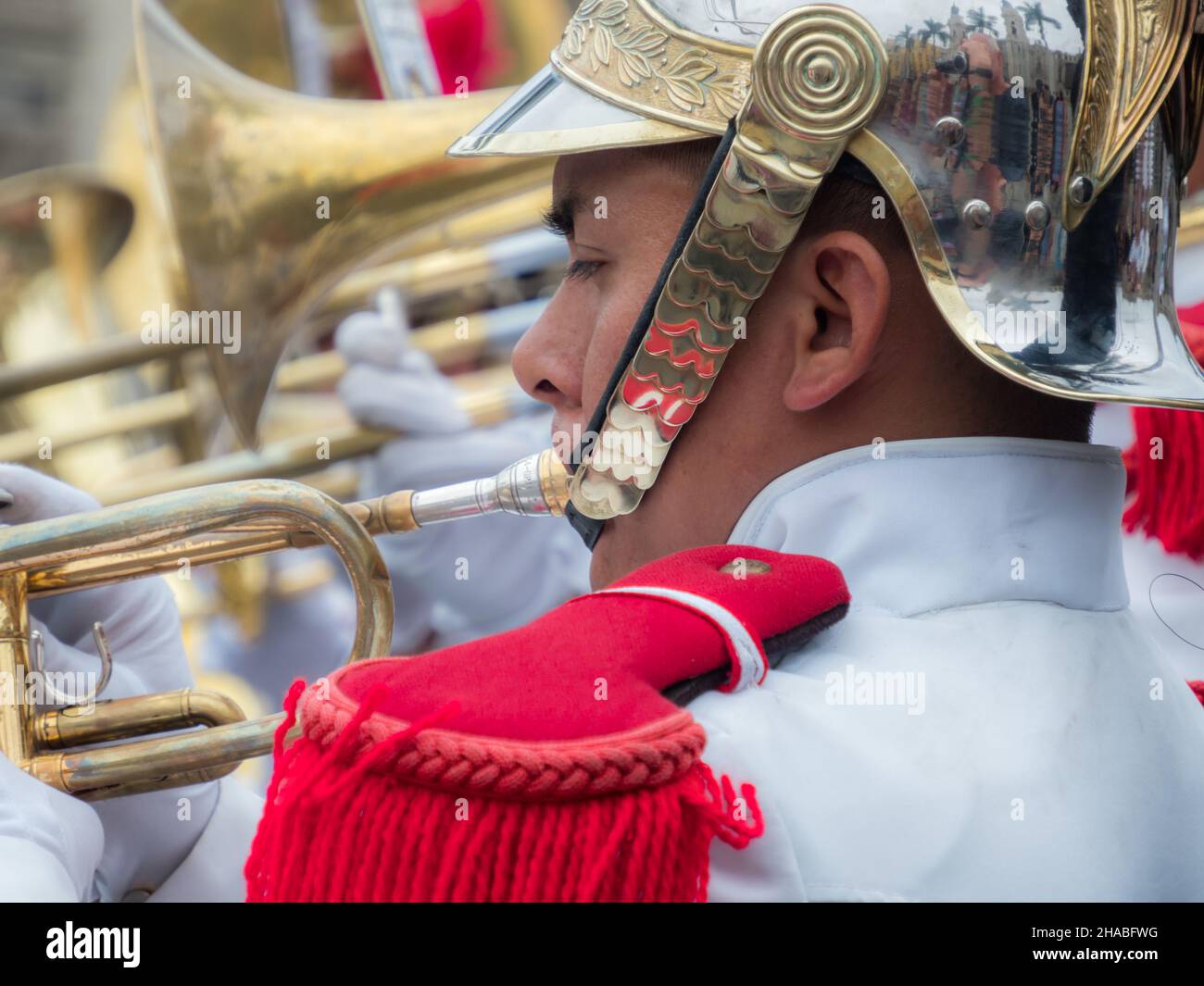 Lima, Peru - Dec, 2019: Close up of a man playing the trumpet. The ...