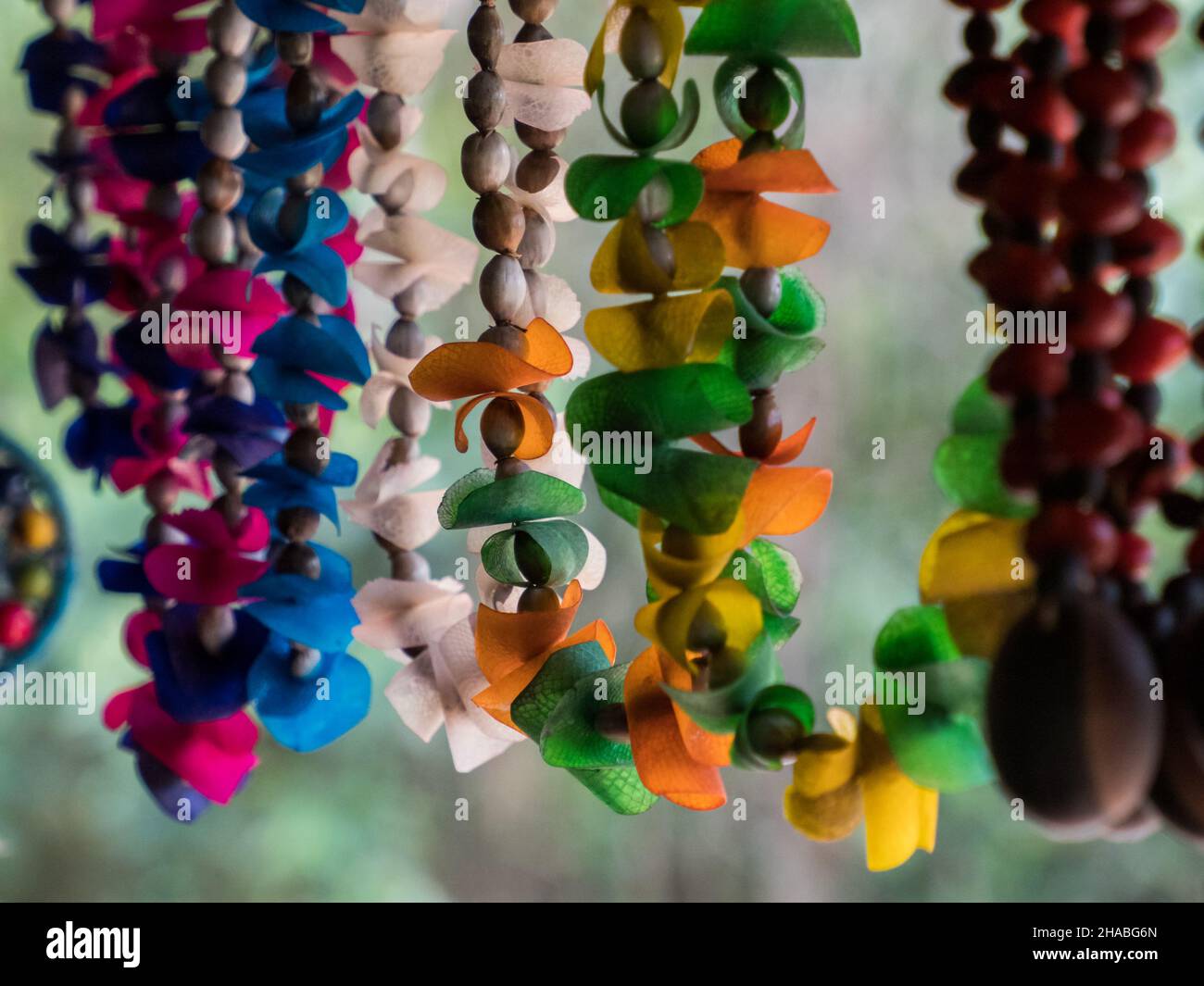 Iquitos, Peru - May 2016: Jungle souvenir. Handcrafted necklaces with ...