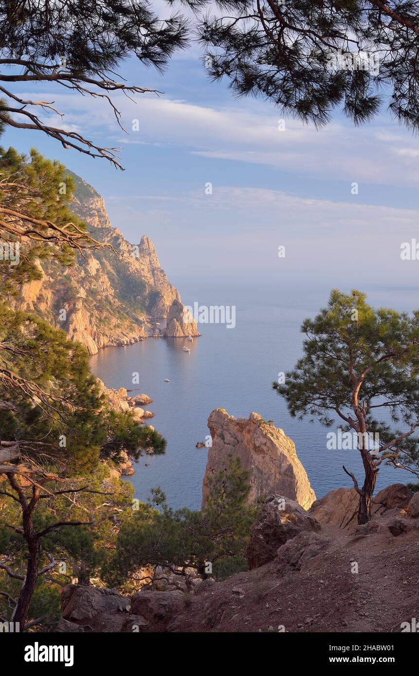 Summer landscape with wooded cliffs by the sea. Black Sea. Southern ...
