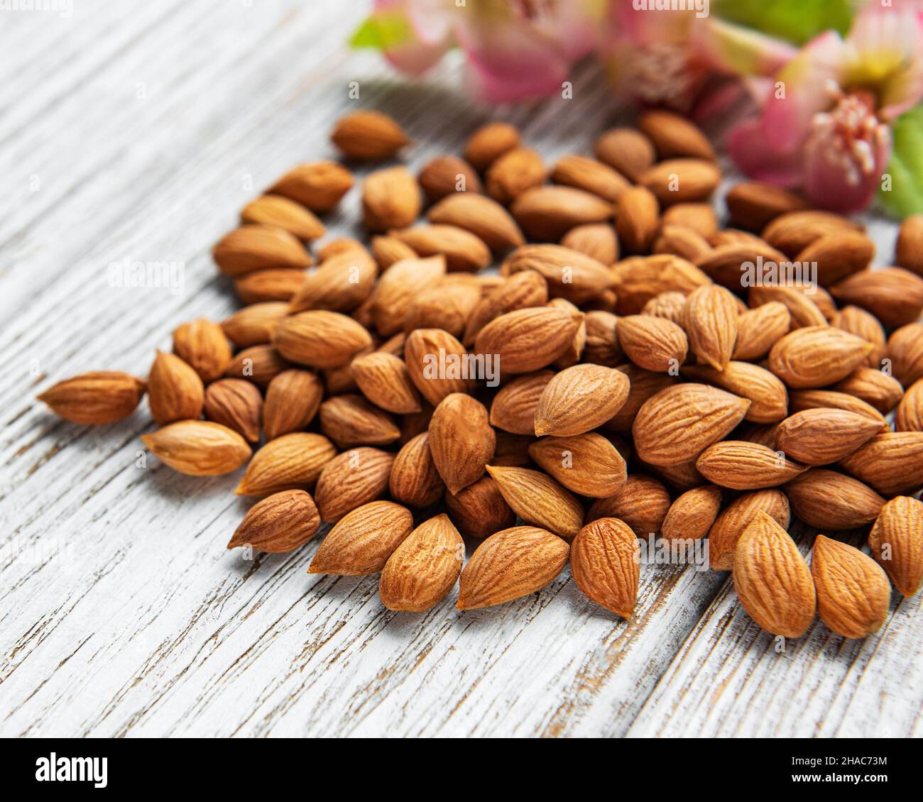 The kernels of apricot pits on a old wooden background Stock Photo - Alamy
