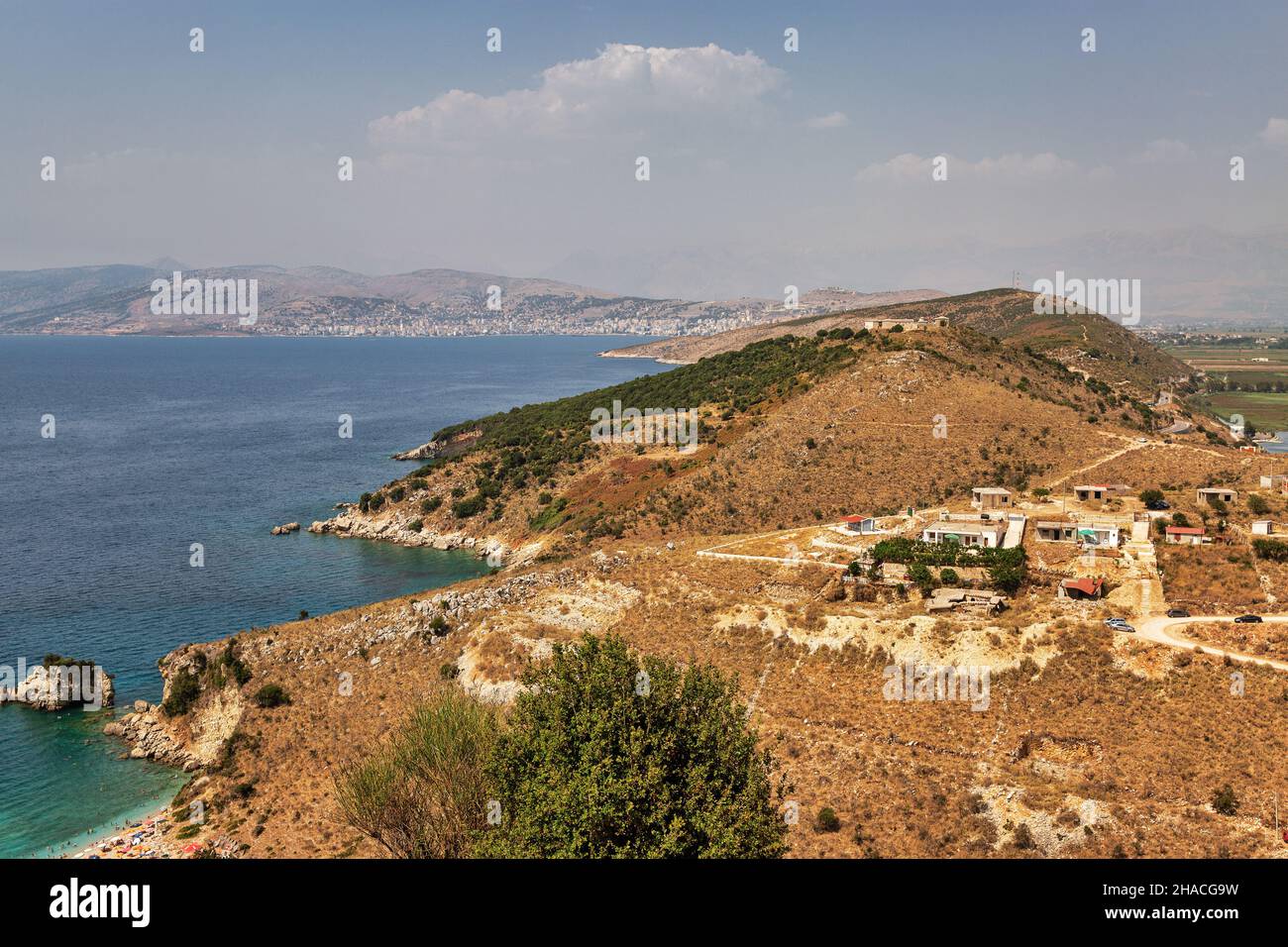 Landscape in South Albania with military fort on the hill top in the ...