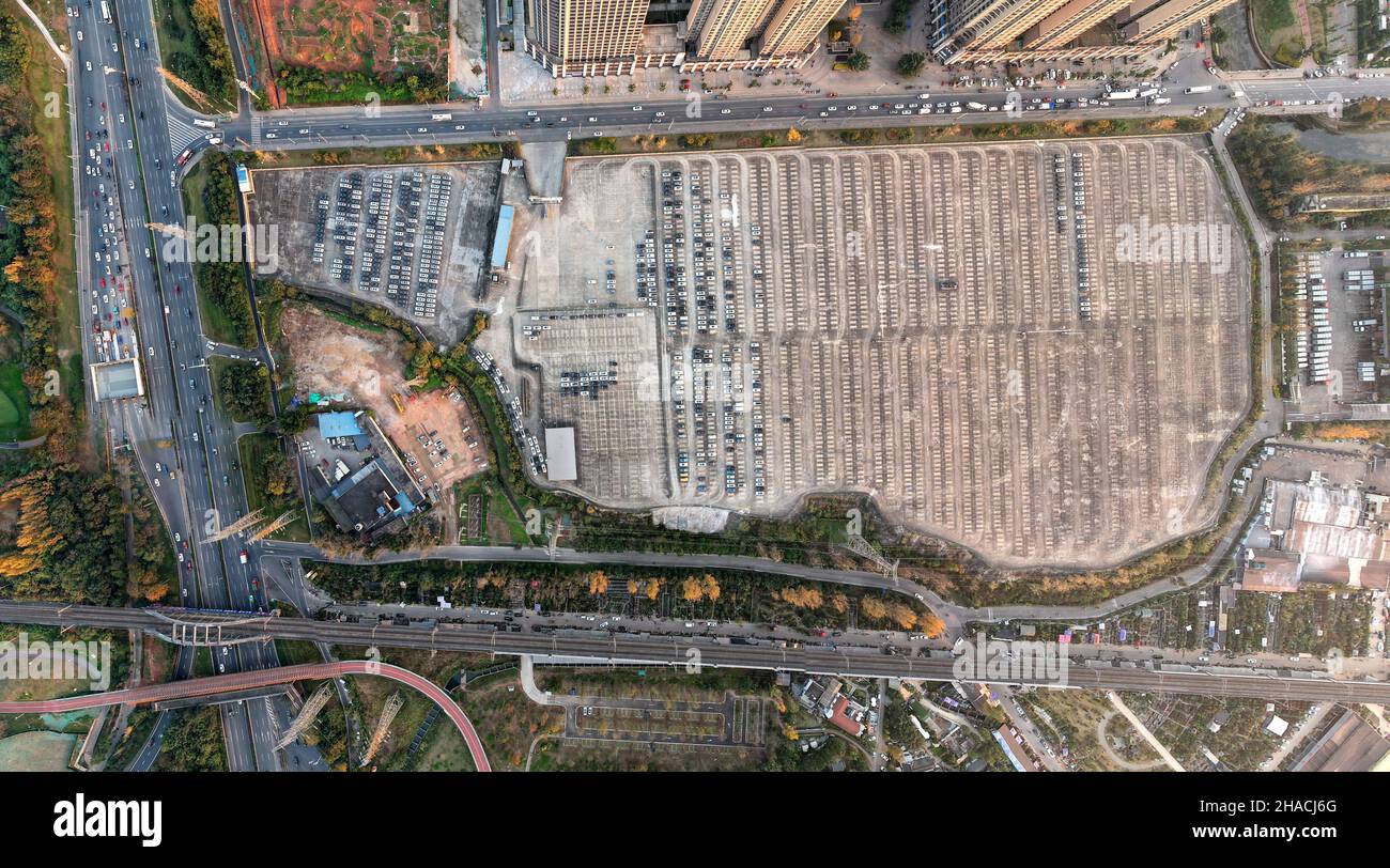 Drone view of the parked new cars at the automotive plant Stock Photo ...