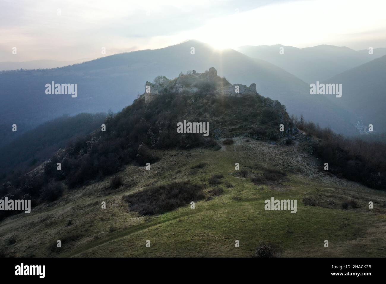 Aerial view of a medieval stronghold. Ruins of Liteni fortress ...