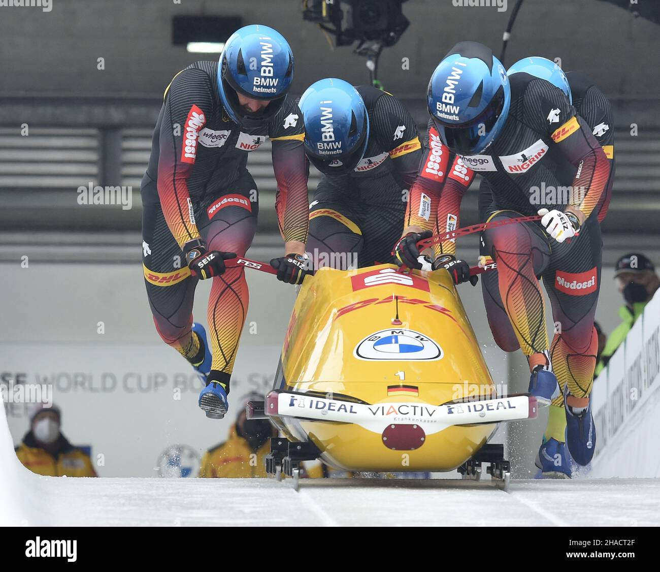 Winterberg, Germany. 12th Dec, 2021. Bobsleigh: World Cup, four-man bobsleigh, men, first run ...