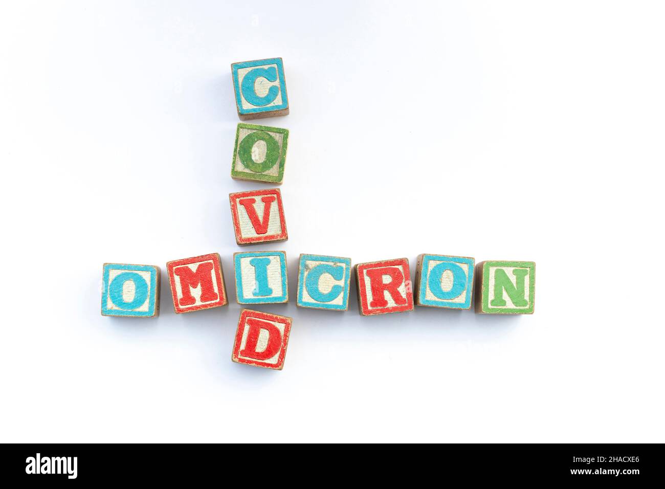 covid and omicron spelled out in old children's letters building blocks ...