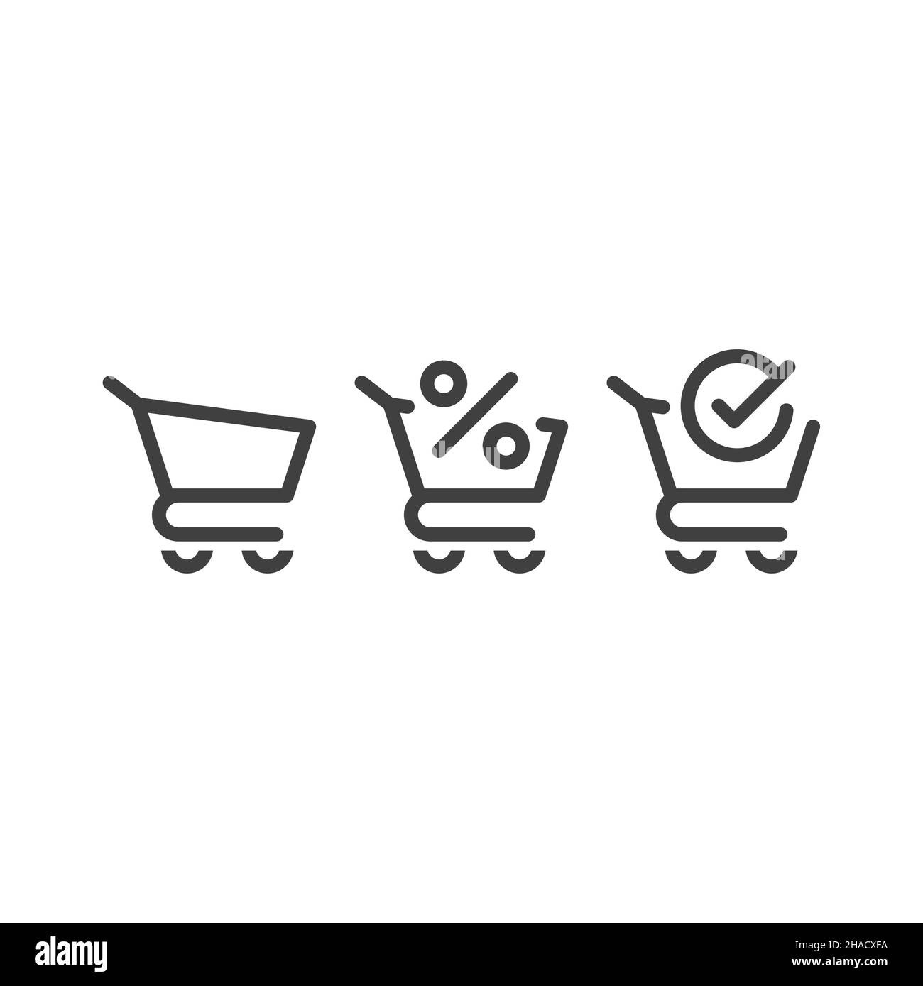 Shopping cart with percentage and checkmark. Black vector icon Stock ...