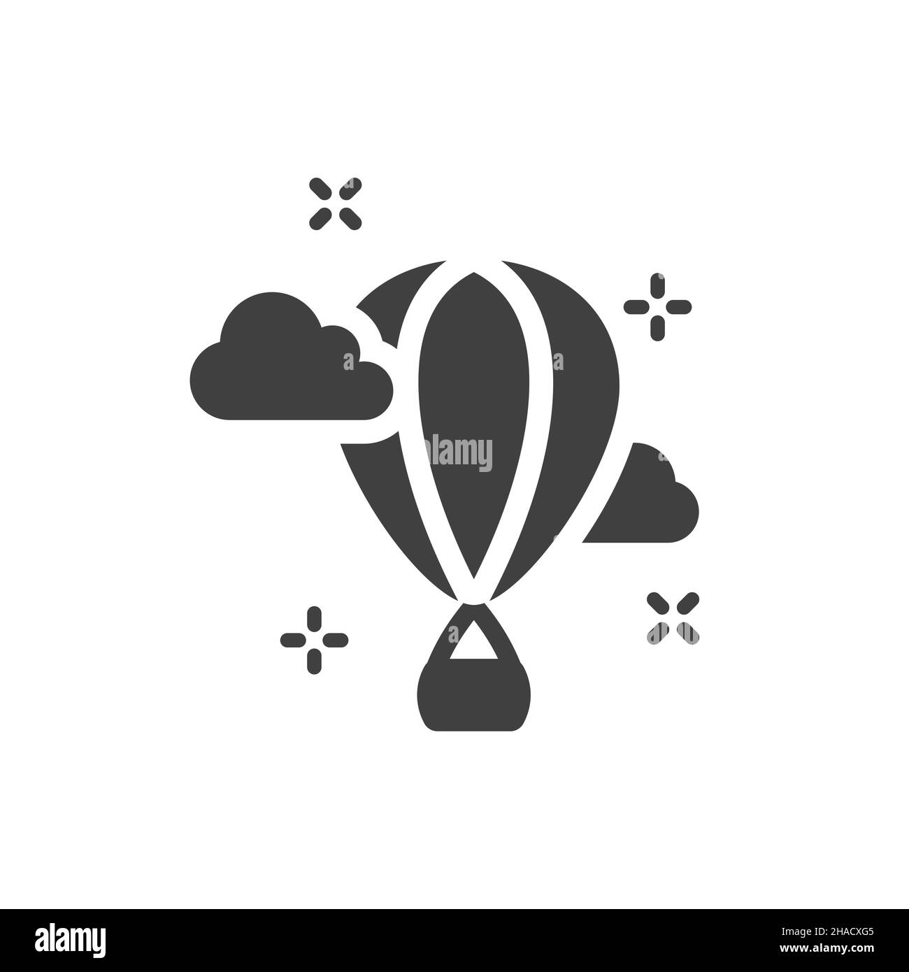 Hot air balloon with basket in the sky with clouds. Black vector icon ...