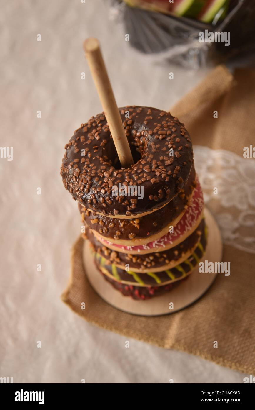 Donuts bakery ready to serve in wood pole , Donuts stand Stock Photo ...