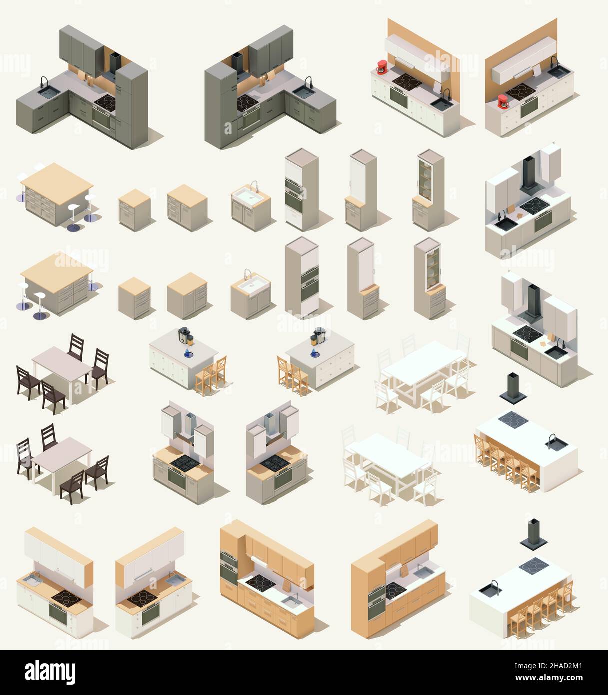 Vector isometric kitchen furniture set. Dining room table, lamps ...