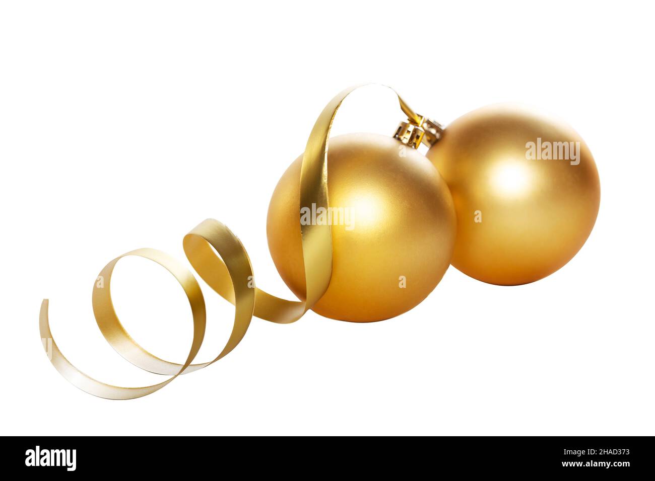 Two golden balls with ribbon isolated on white background. Christmas ...
