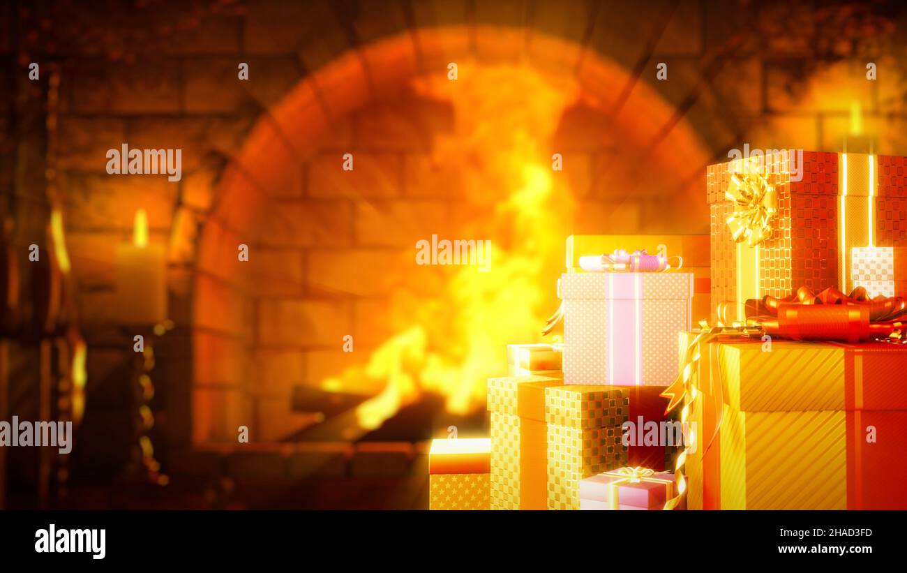 present boxes and chimney for new year holiday with free space - abstract 3D illustration Stock ...