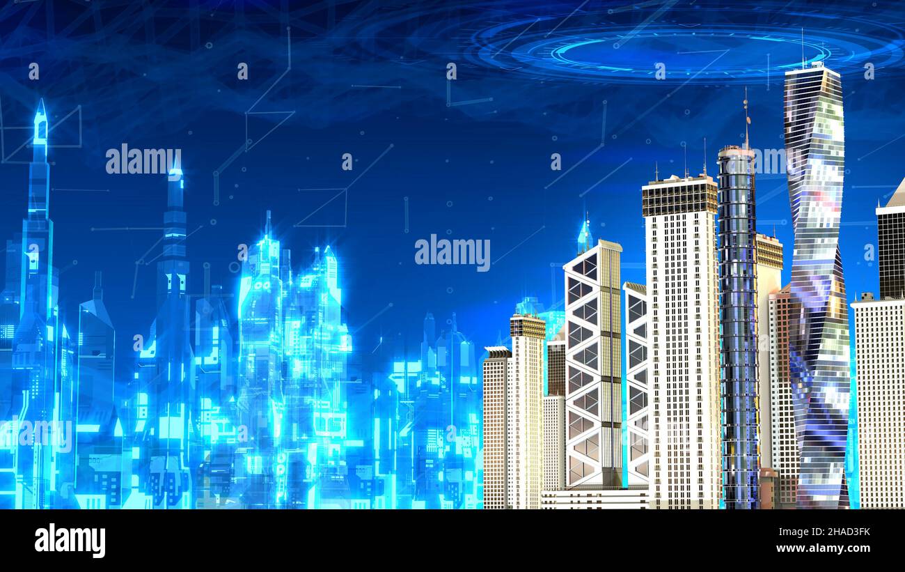 metaverse bg - city integrated in digital world - abstract 3D ...