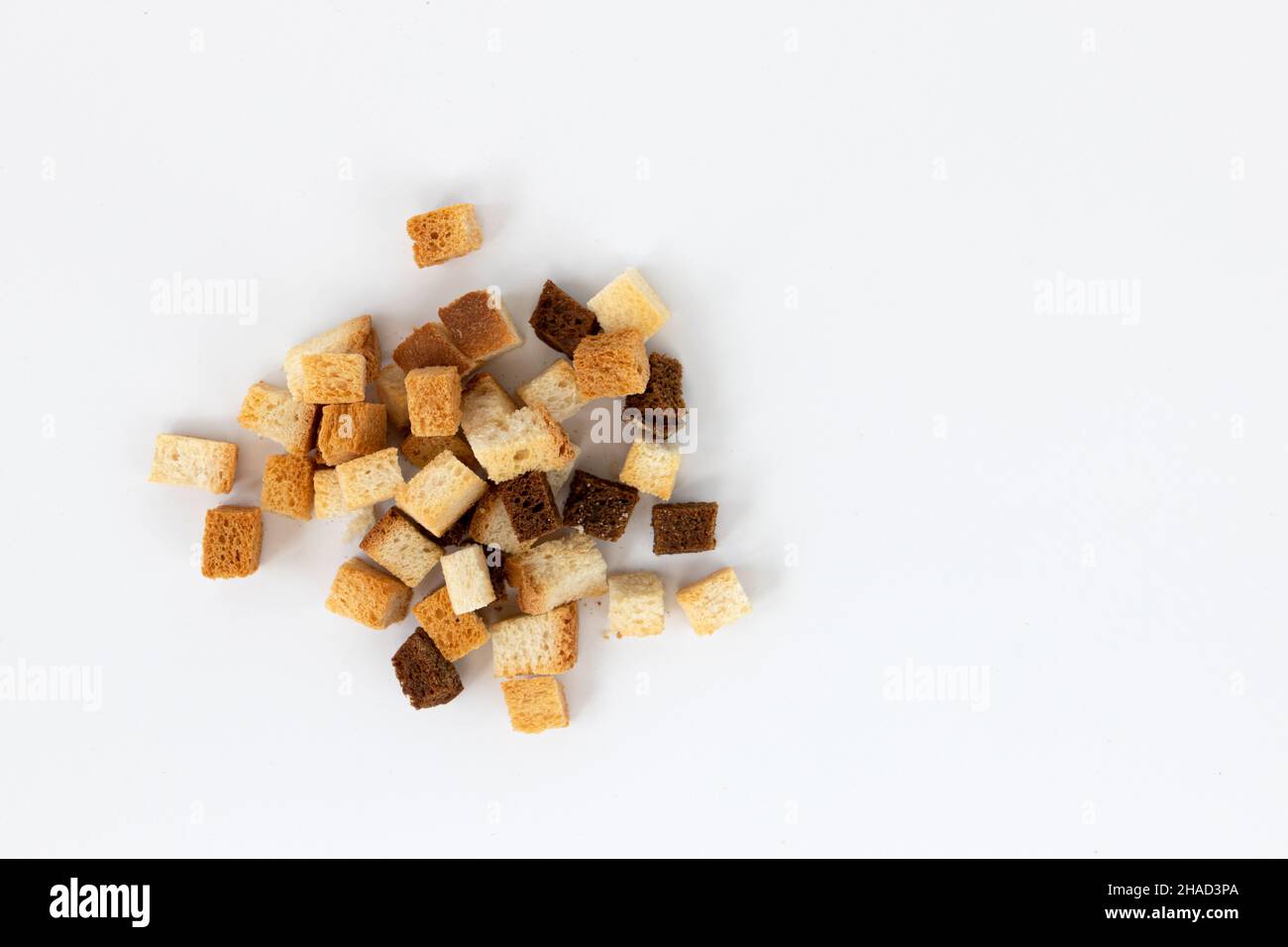 pile of homemade bread croutons isolated on white background, top view ...