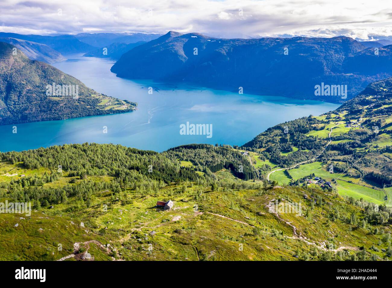 Aerial view of the Lustrafjord, the inner Sognefjord, over slopes of Mt ...