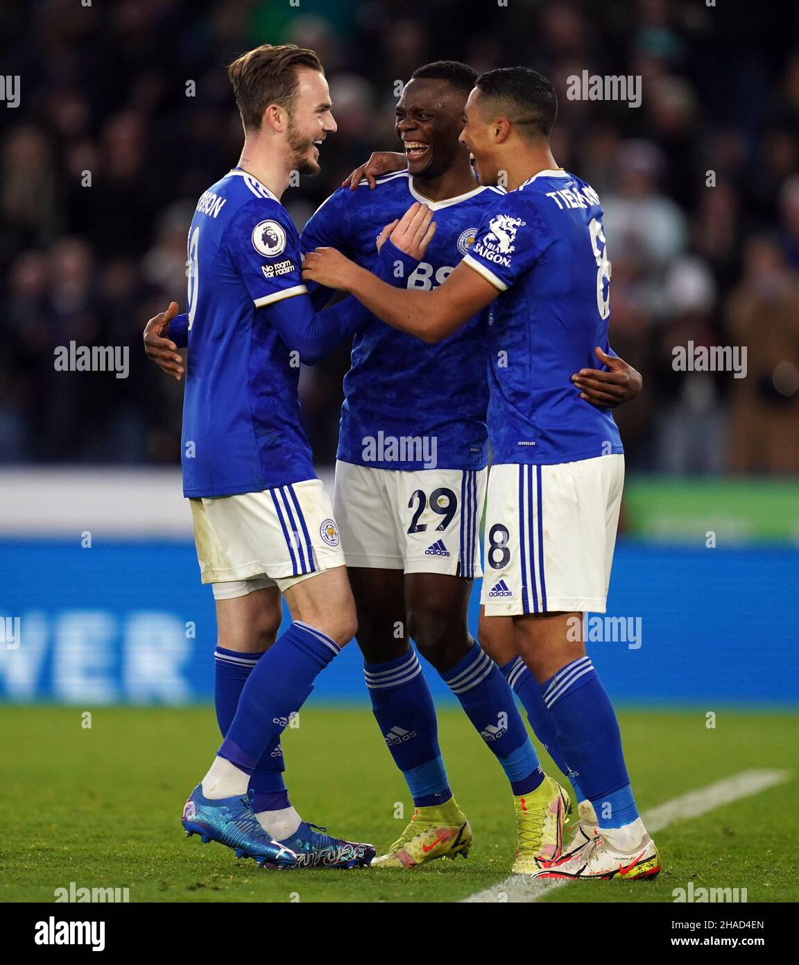 Leicester City's James Maddison and Patson Daka celebrates the third ...