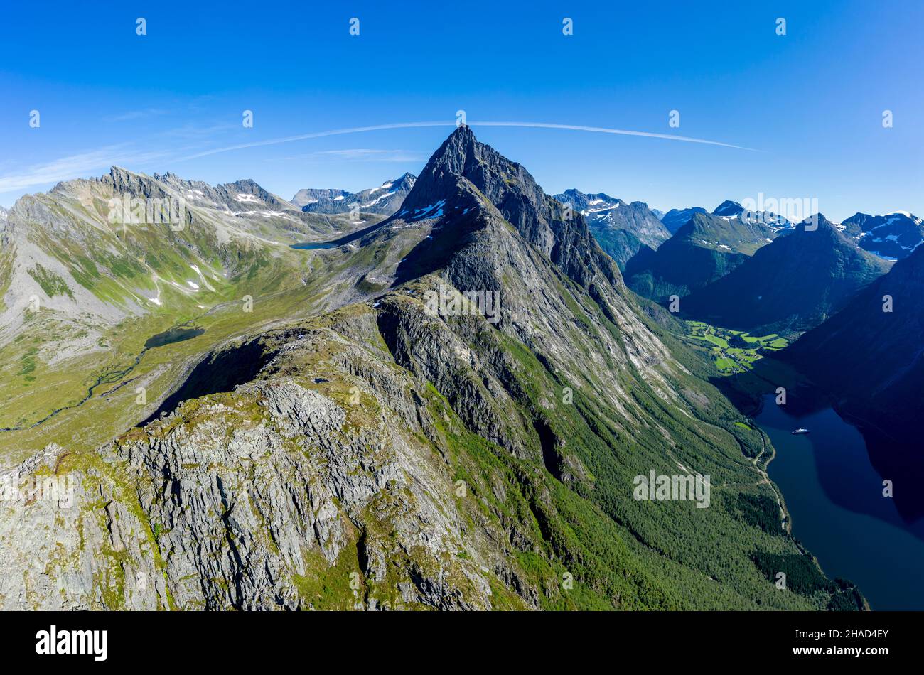 Panoramic arial view of Mt. Slogen and inner Hjoerundfjord, Norway ...